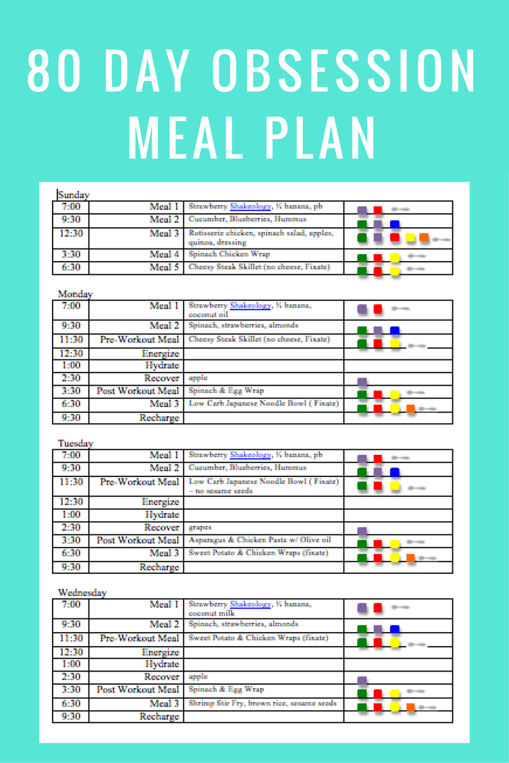 Weekly Menu - 80 Day Obsession Meal Plan B - What's Working Here