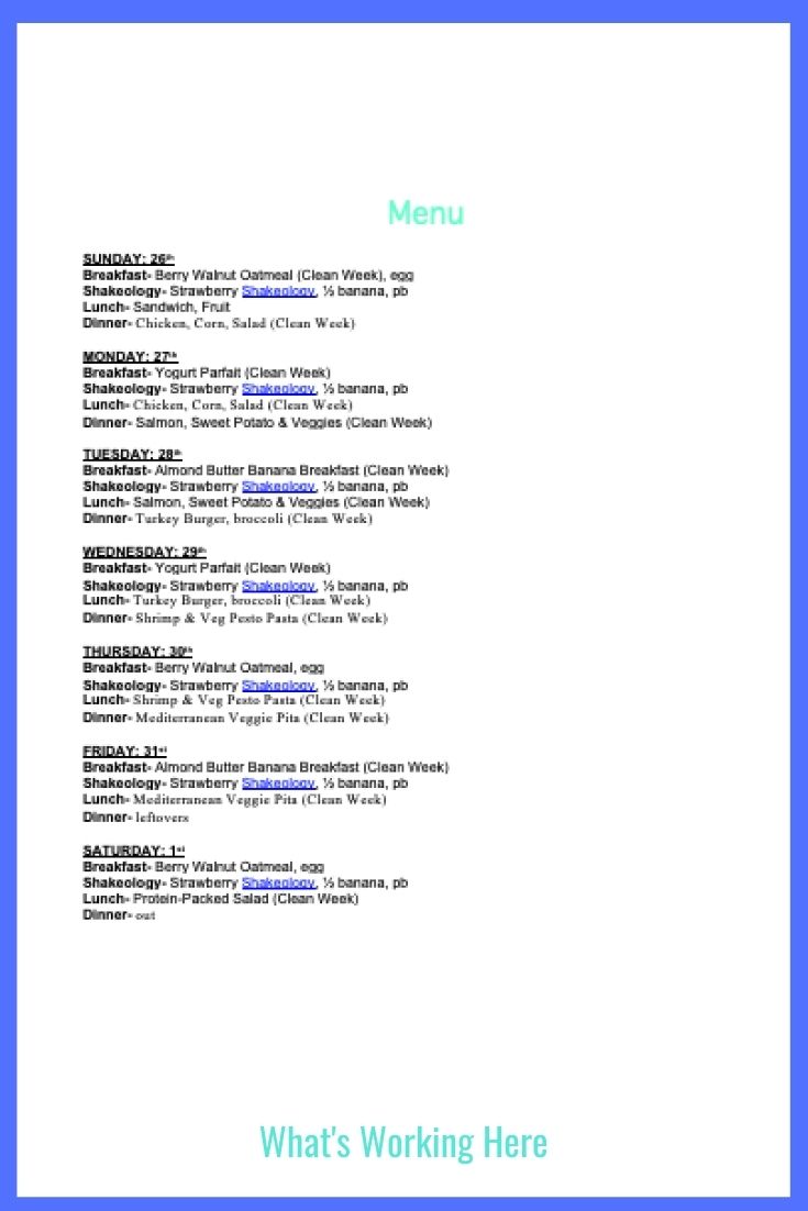Weekly Menu 7/26/20- Clean Week - What's Working Here